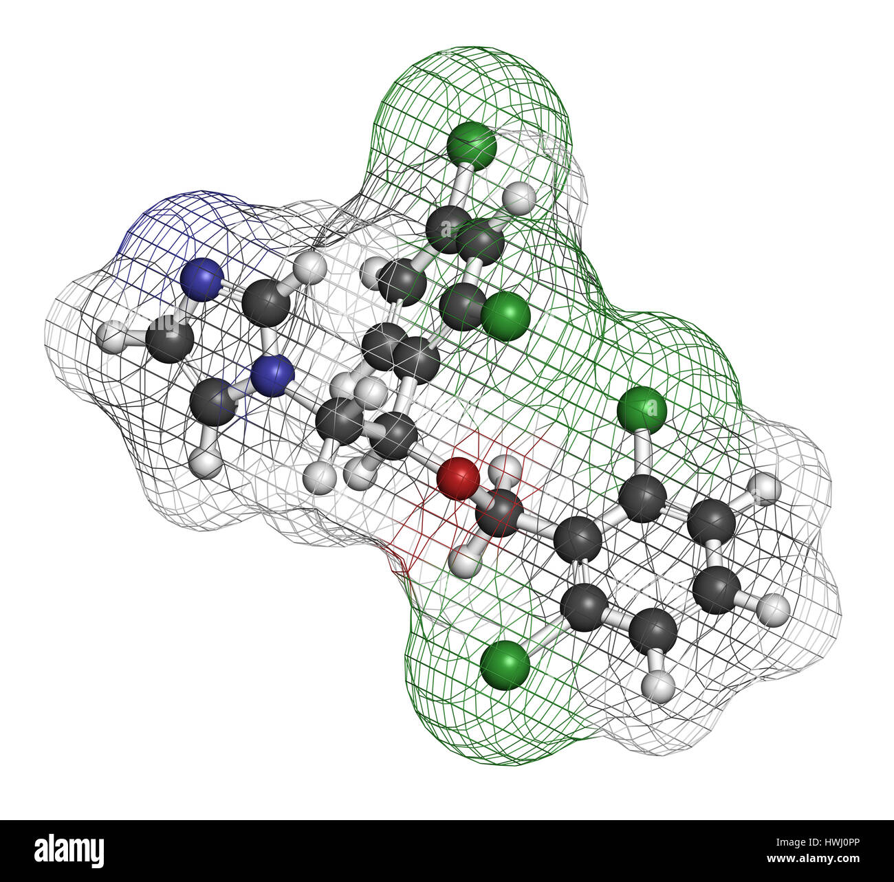 Isoconazole antifungal drug molecule. 3D rendering. Atoms are ...