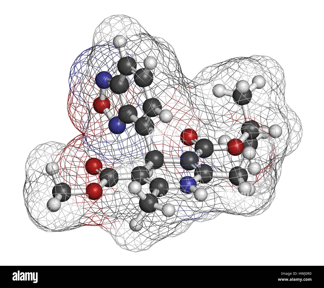 Isradipine hypertension drug molecule. 3D rendering. Atoms are ...