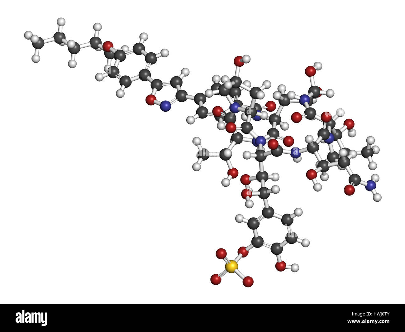 Micafungin antifungal drug molecule. 3D rendering. Atoms are ...