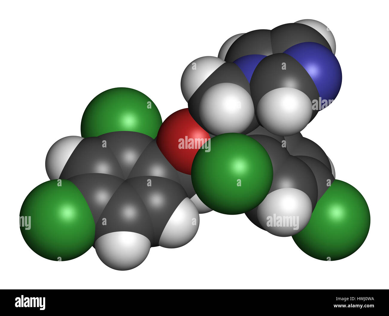 Miconazole antifungal drug molecule. 3D rendering. Atoms are ...