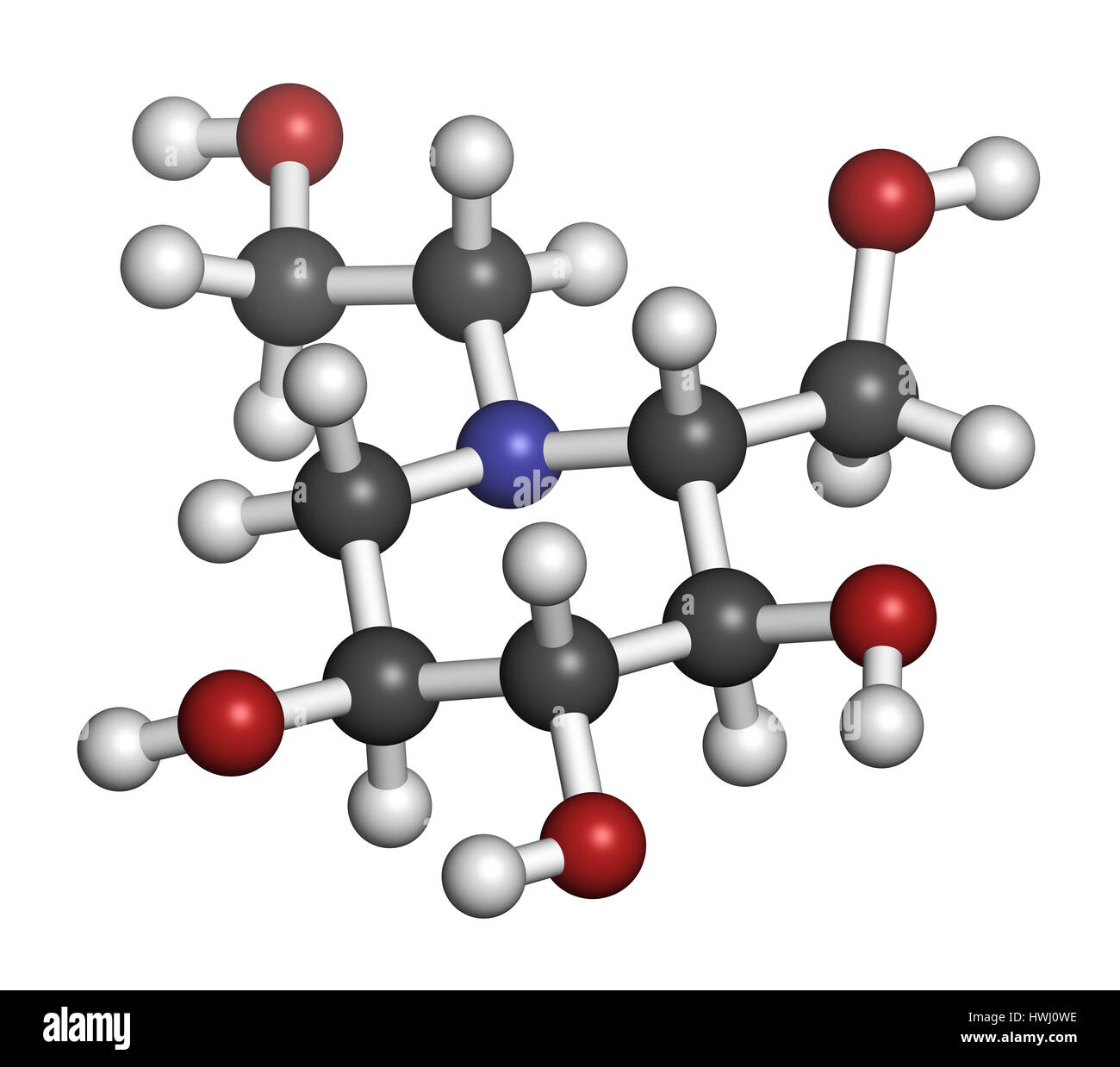 Miglitol diabetes drug molecule. 3D rendering. Atoms are represented as ...