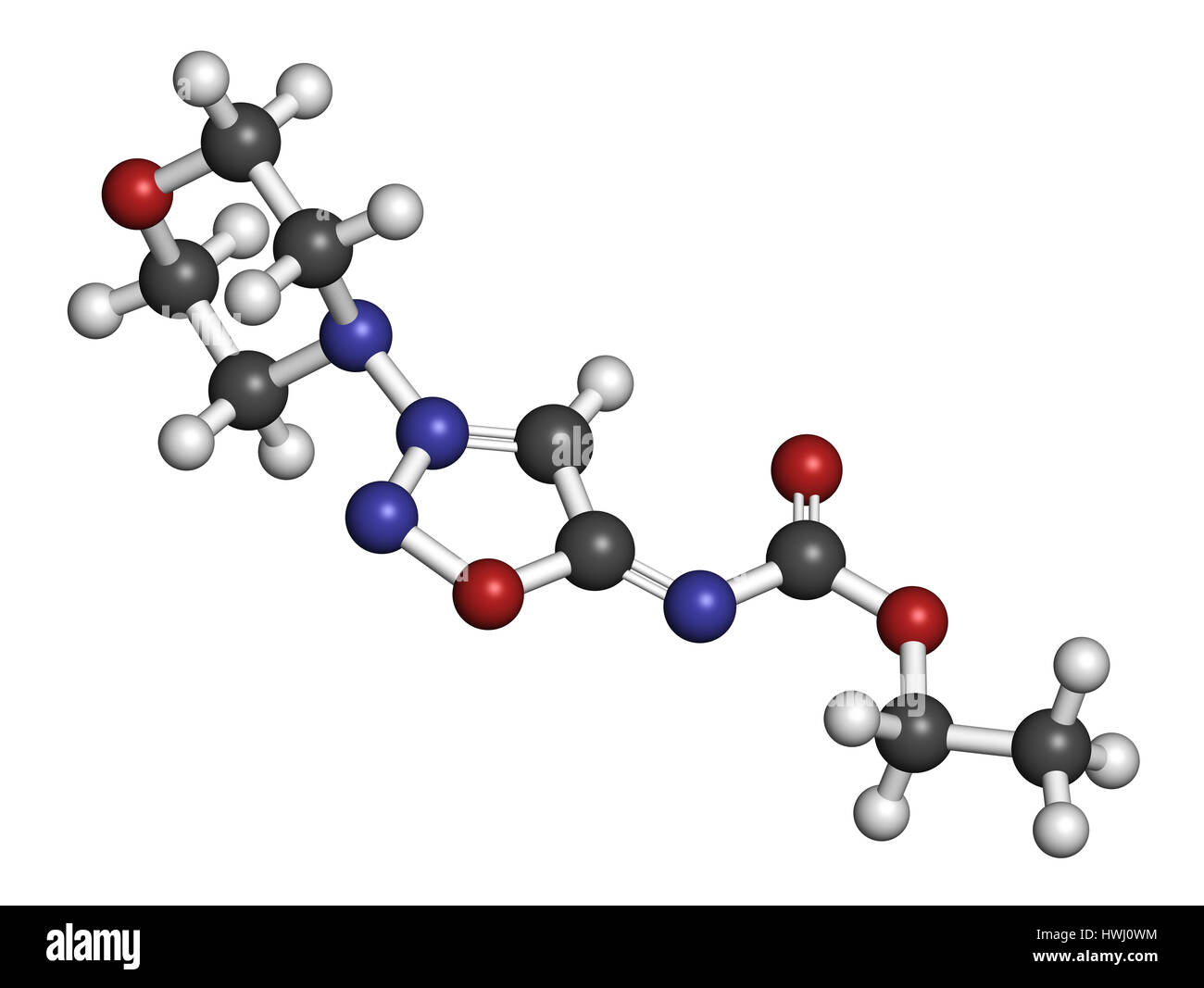 Molsidomine angina drug molecule. 3D rendering. Atoms are represented ...