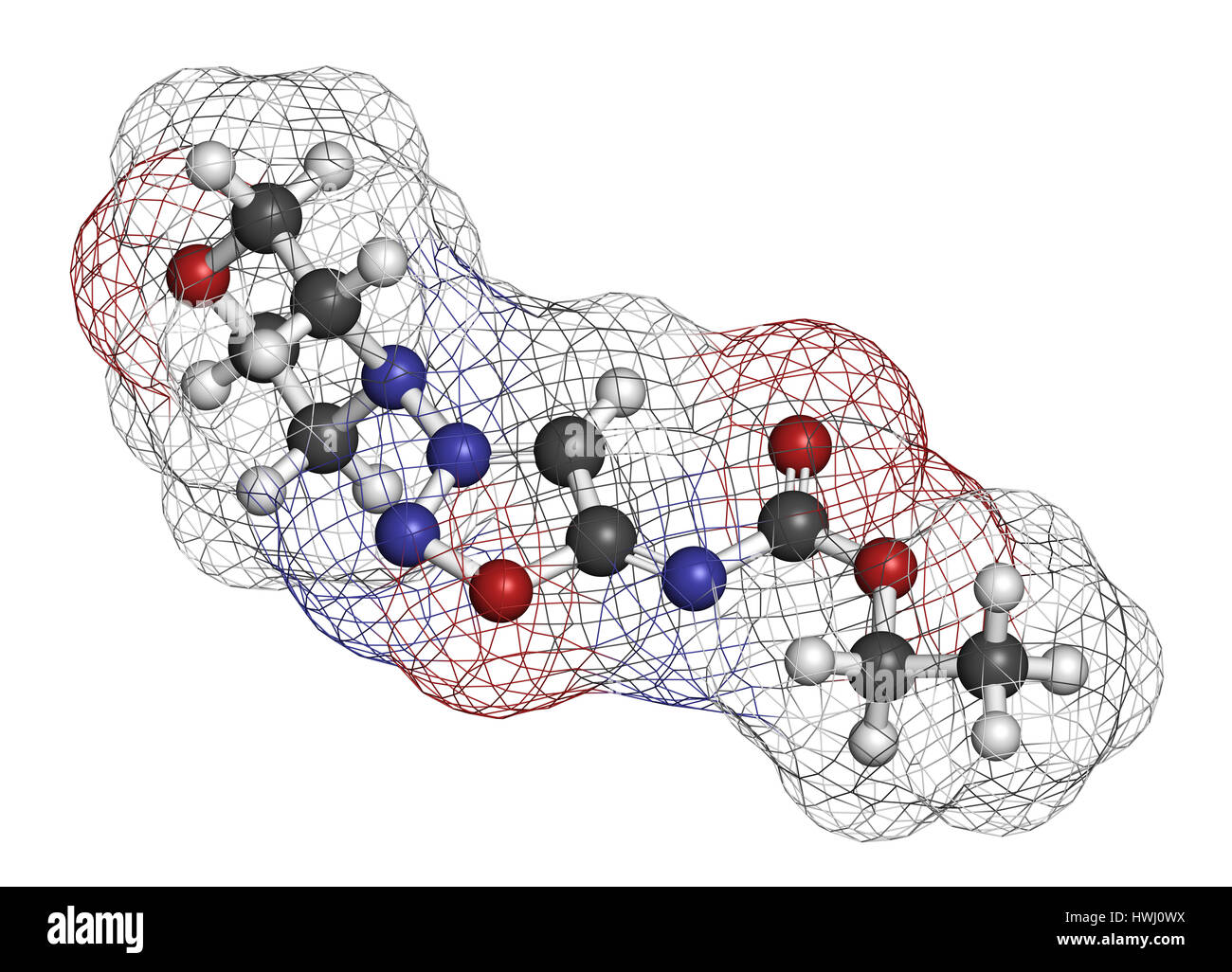 Molsidomine angina drug molecule. 3D rendering. Atoms are represented ...