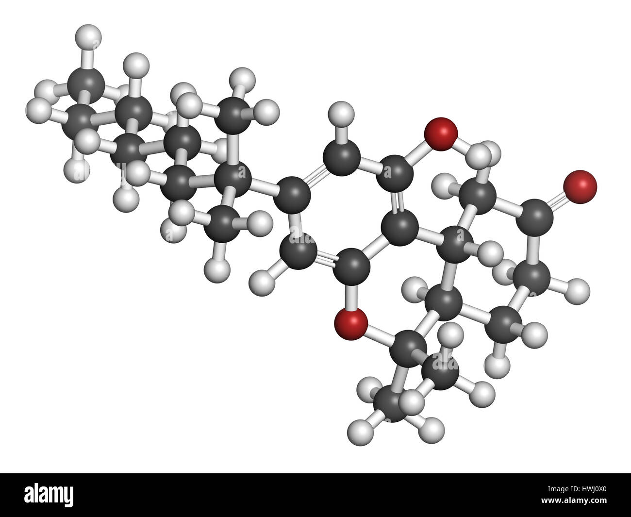 Nabilone antiemetic drug molecule. Analog of Cannabis compound THC. 3D ...