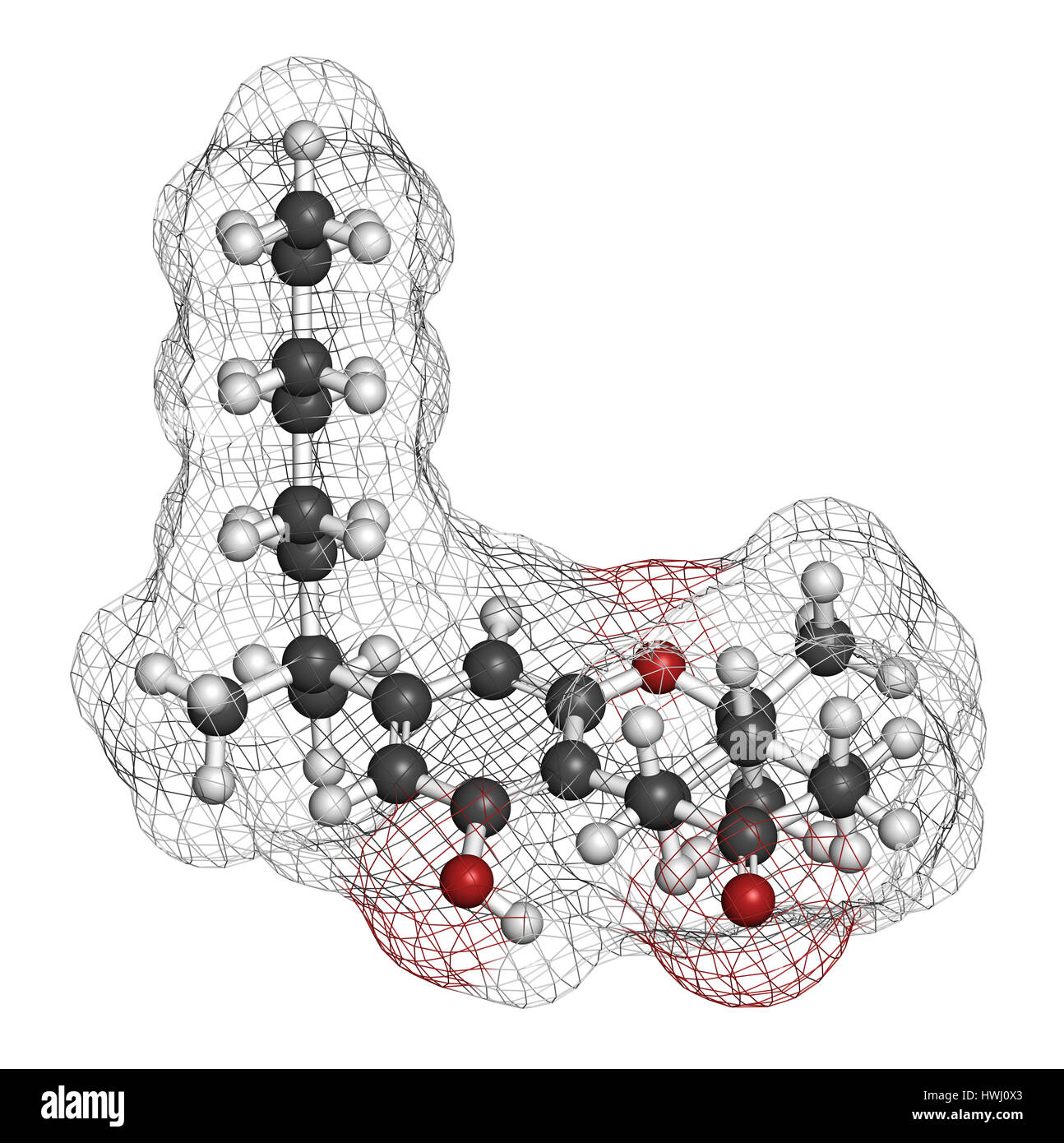 Nabilone antiemetic drug molecule. Analog of Cannabis compound THC. 3D ...