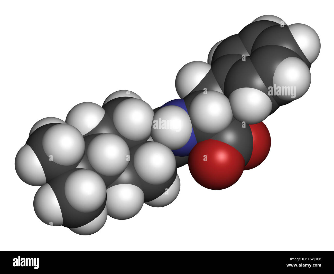 Nateglinide diabetes drug molecule. 3D rendering. Atoms are represented ...