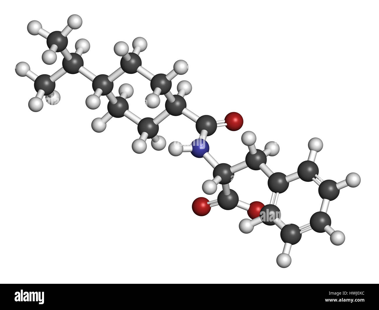 Nateglinide diabetes drug molecule. 3D rendering. Atoms are represented ...