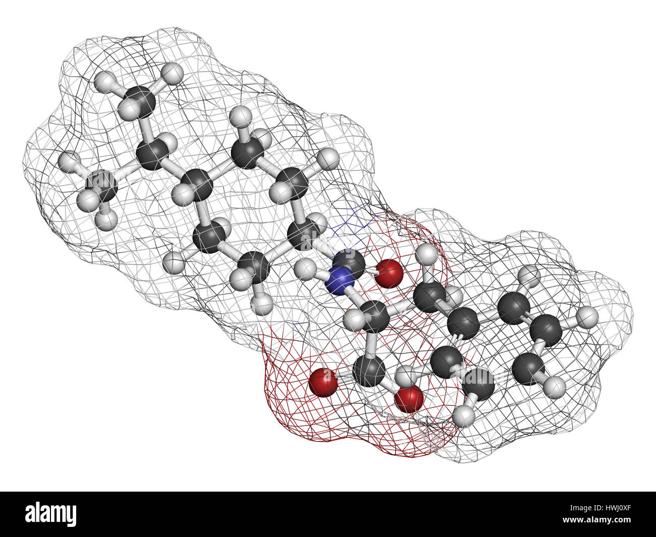 Nateglinide diabetes drug molecule. 3D rendering. Atoms are represented ...