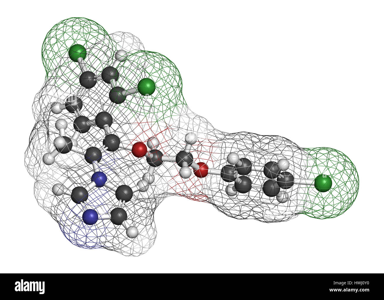 Omoconazole antifungal drug molecule. 3D rendering. Atoms are ...