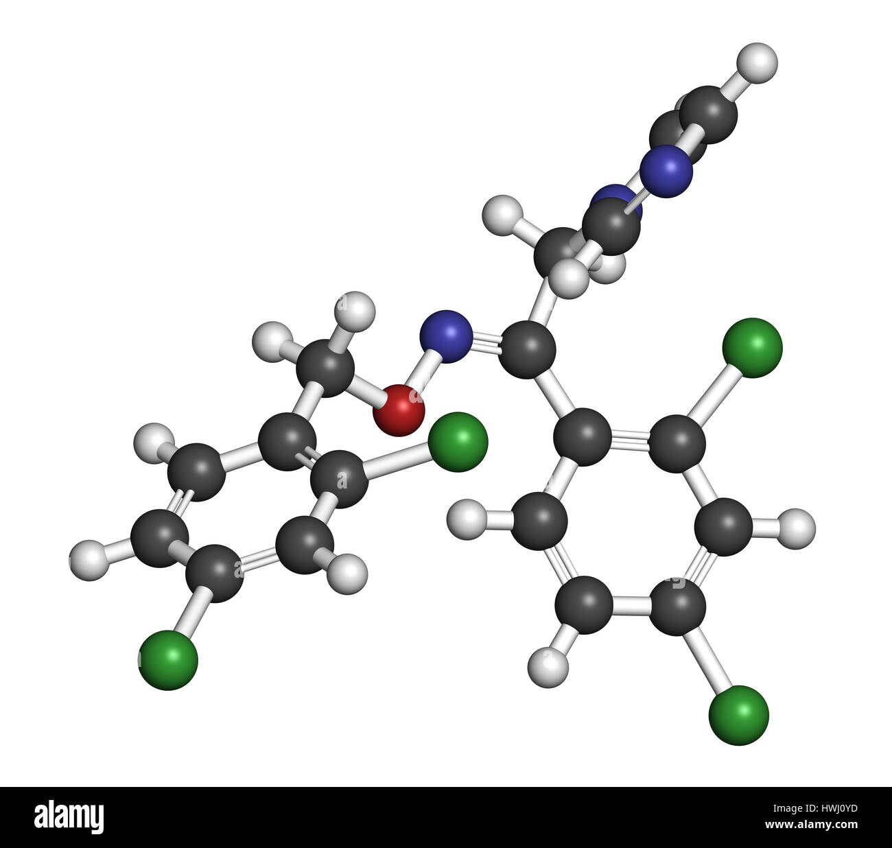 Oxiconazole antifungal drug molecule. 3D rendering. Atoms are ...