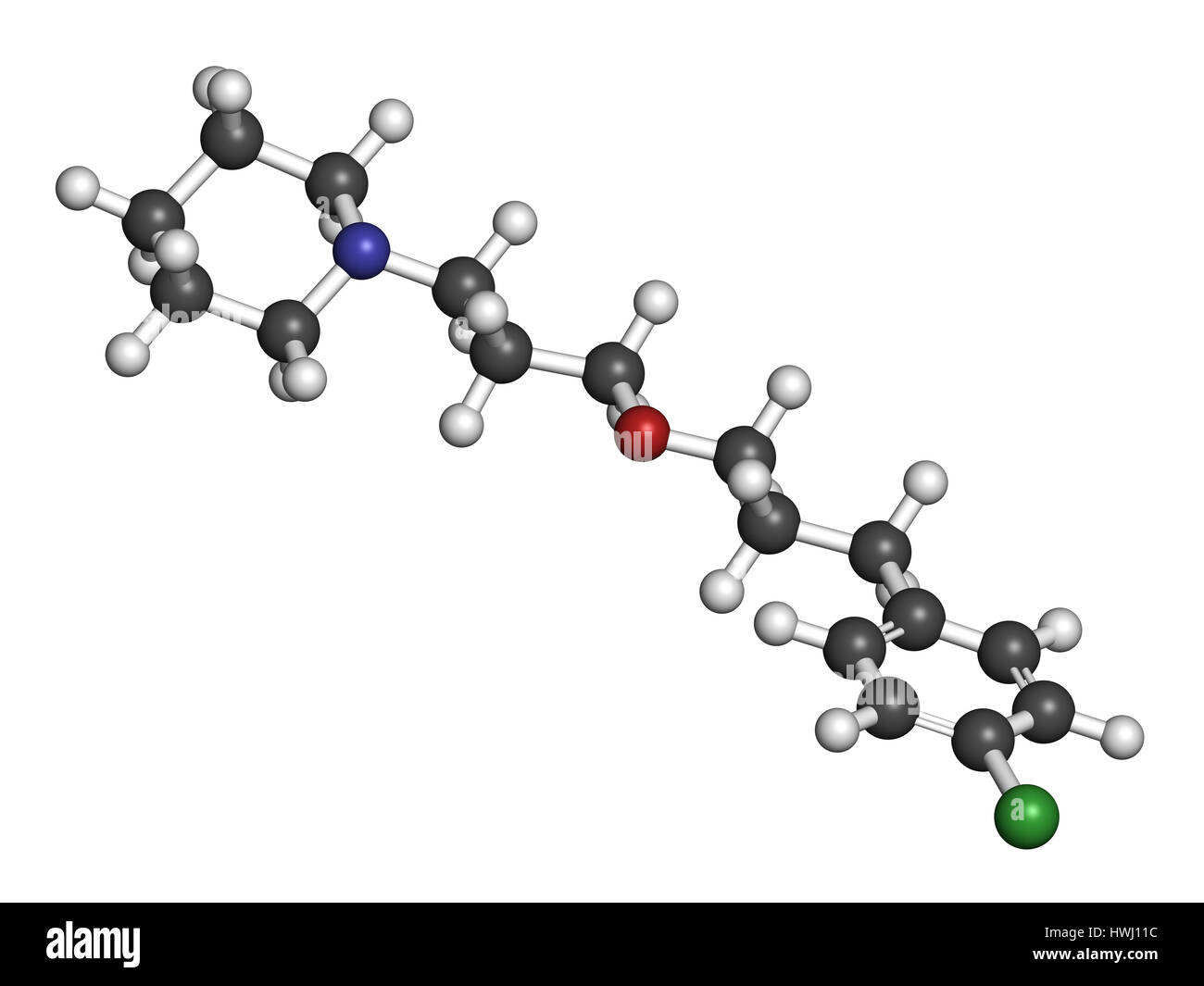 Pitolisant (tiprolisant) narcolepsy drug molecule. 3D rendering. Atoms ...
