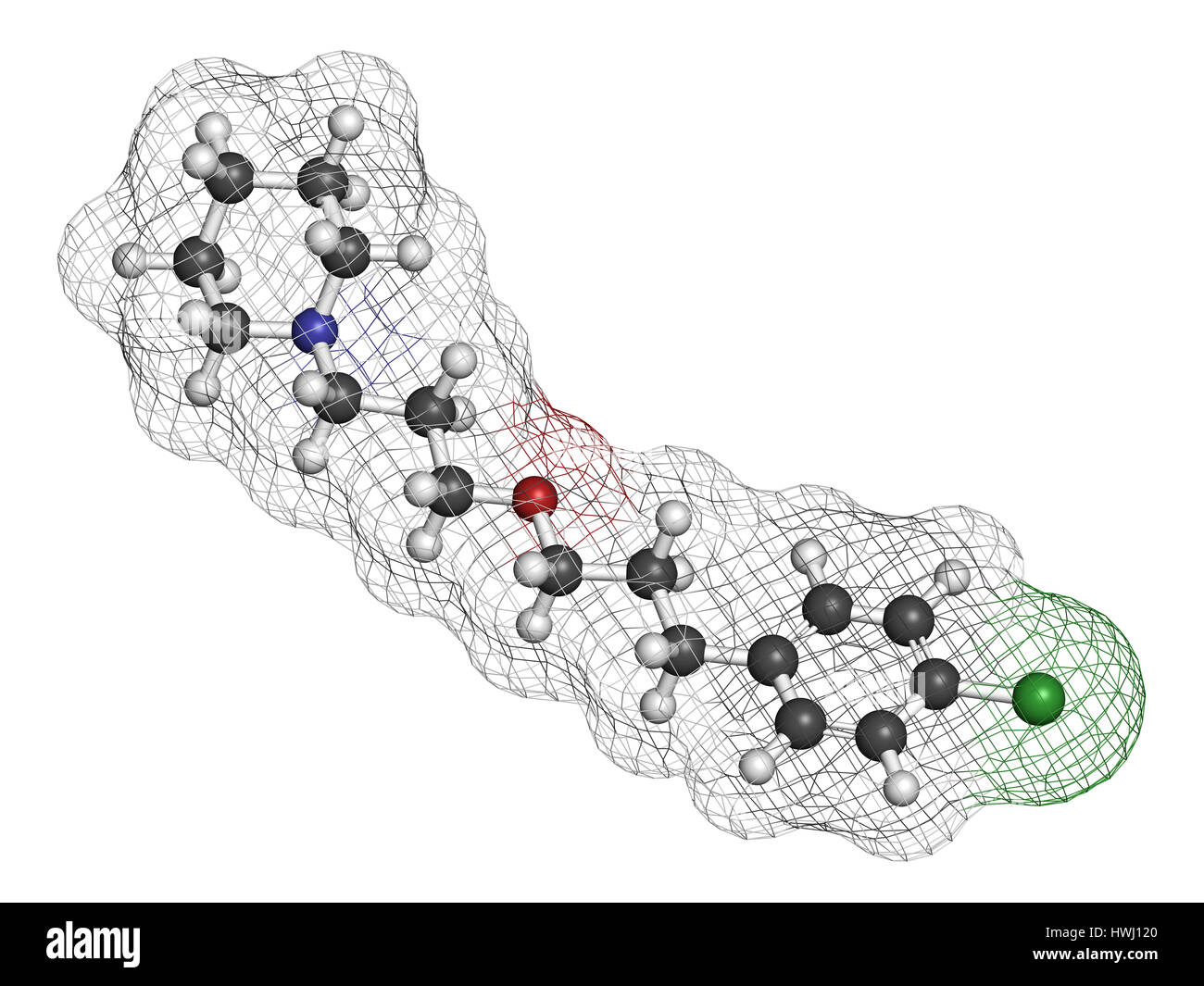 Pitolisant (tiprolisant) narcolepsy drug molecule. 3D rendering. Atoms ...