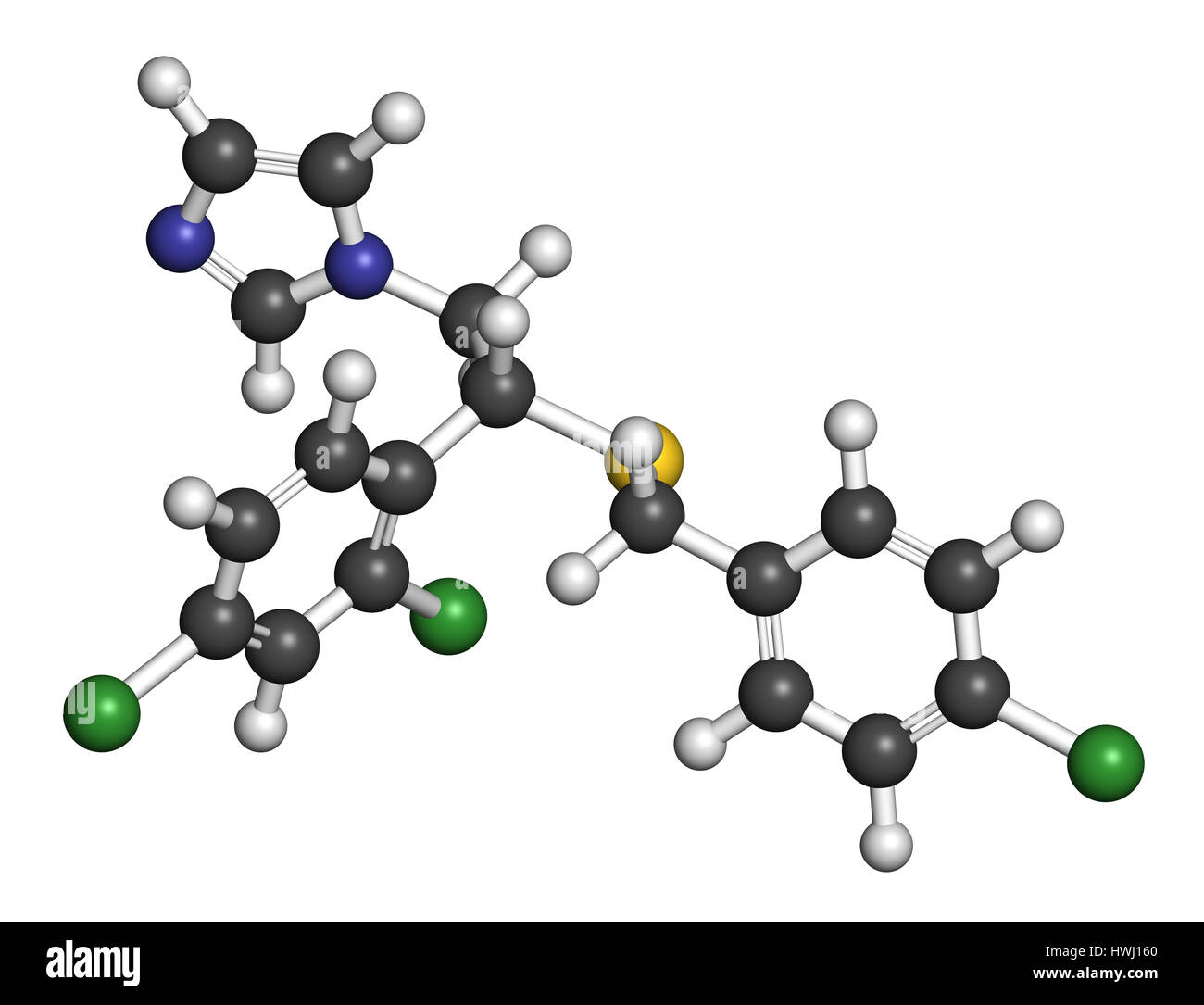 Sulconazole antifungal drug molecule. 3D rendering. Atoms are ...