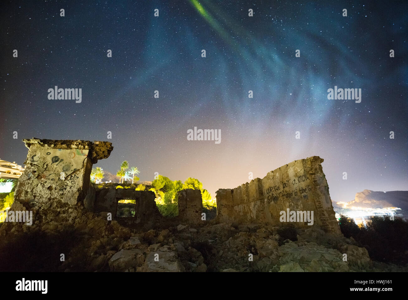 Old fortification, or castle under the northern lights (aurora borealis ...