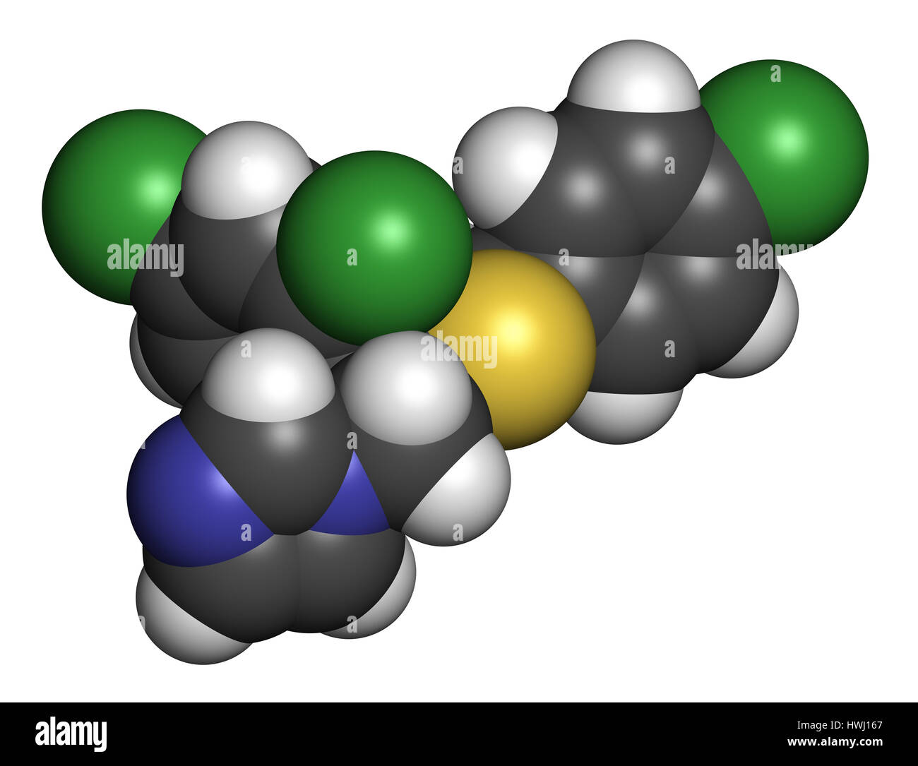 Sulconazole antifungal drug molecule. 3D rendering. Atoms are ...