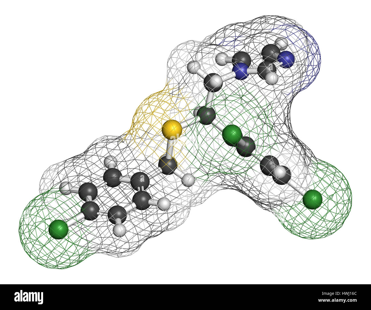 Sulconazole antifungal drug molecule. 3D rendering. Atoms are ...