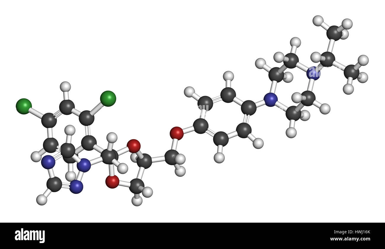 Terconazole antifungal drug molecule. 3D rendering. Atoms are ...