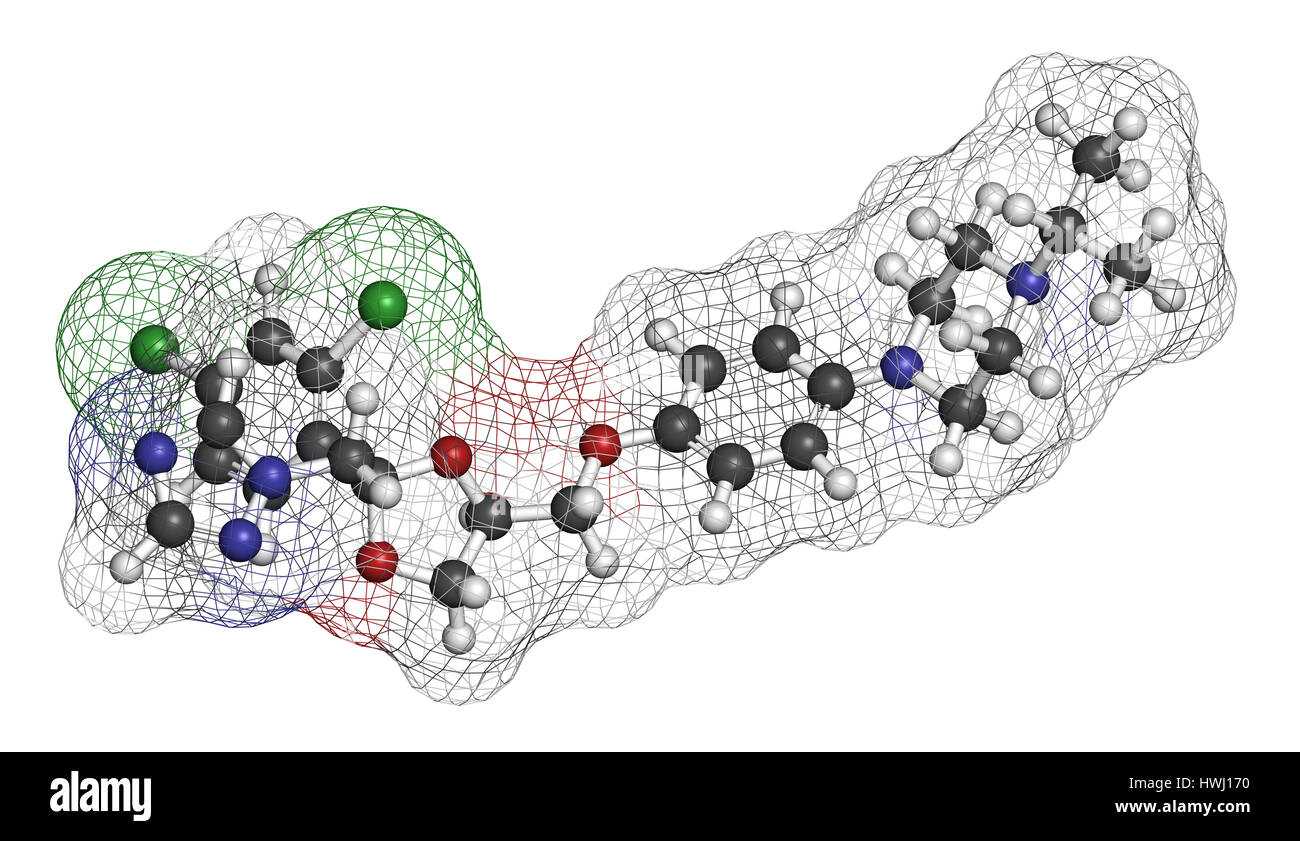 Terconazole antifungal drug molecule. 3D rendering. Atoms are ...