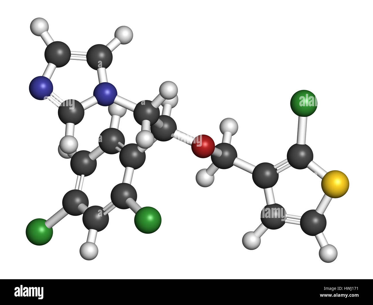 Tioconazole antifungal drug molecule. 3D rendering. Atoms are ...