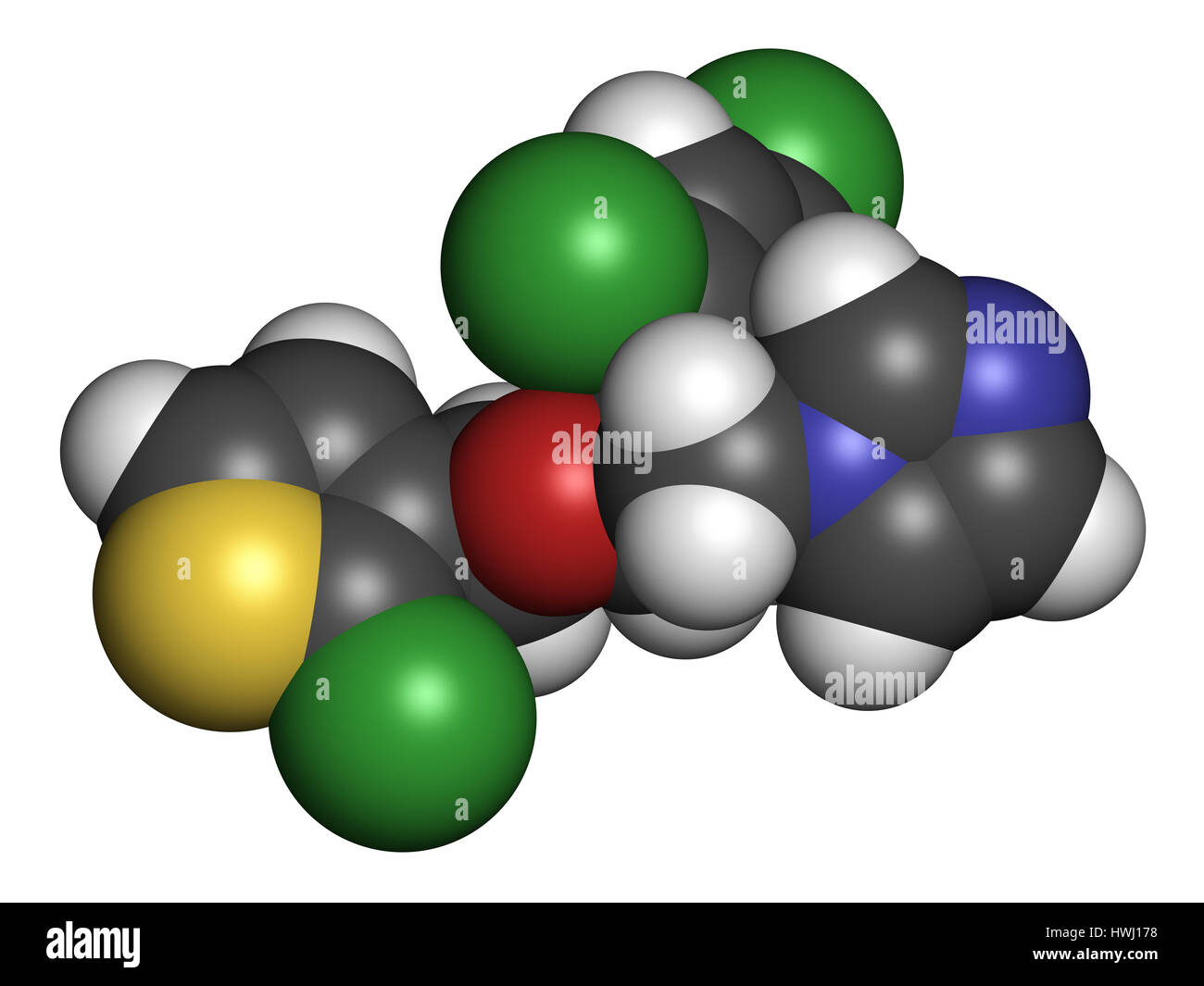 Tioconazole antifungal drug molecule. 3D rendering. Atoms are ...