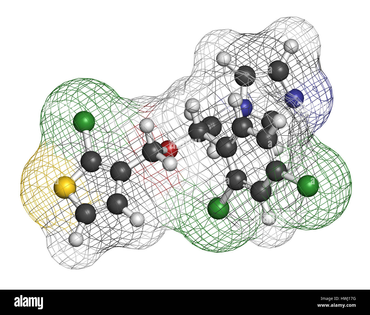 Tioconazole antifungal drug molecule. 3D rendering. Atoms are ...