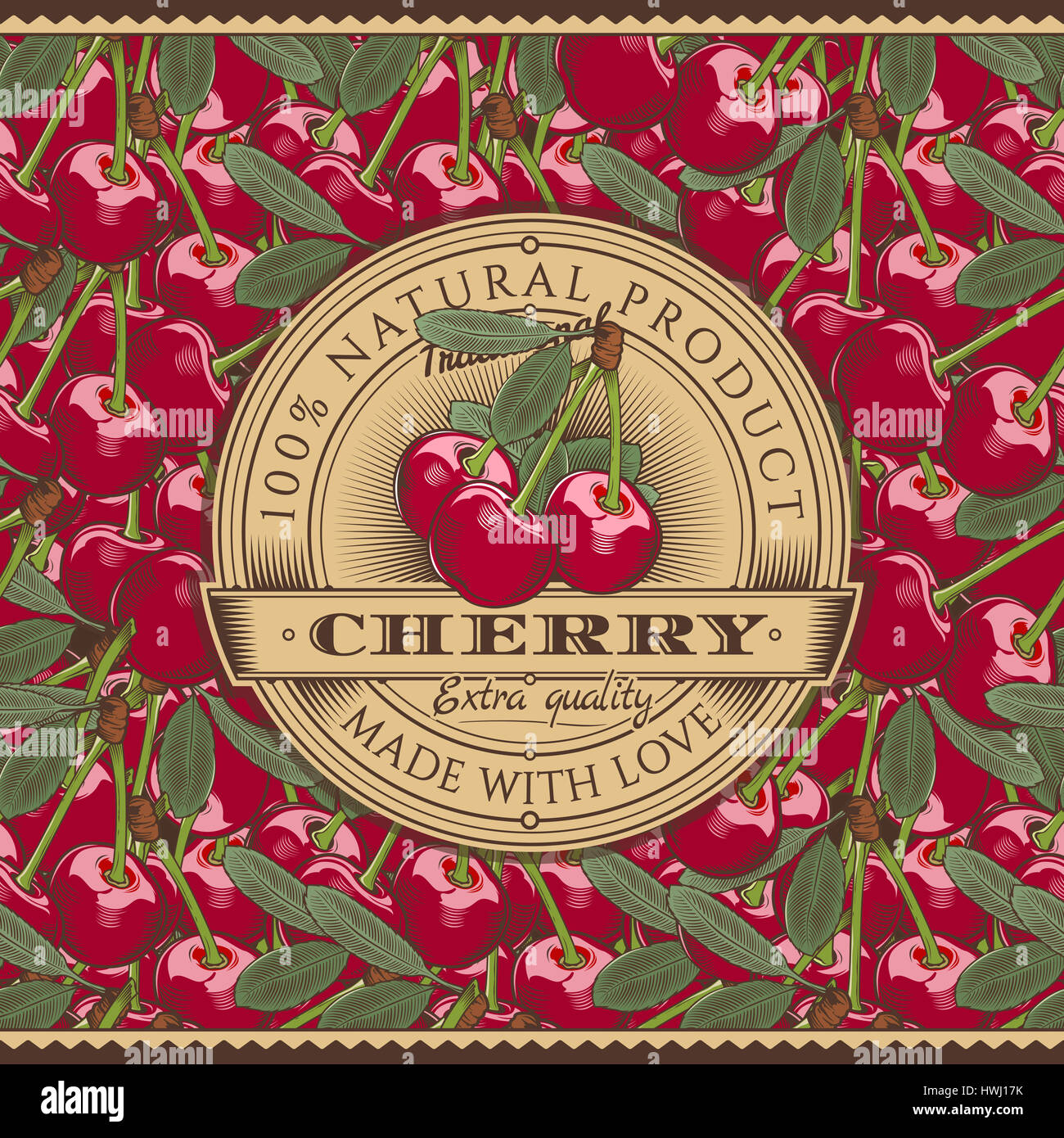 Vintage Cherry Label On Seamless Pattern Stock Photo - Alamy