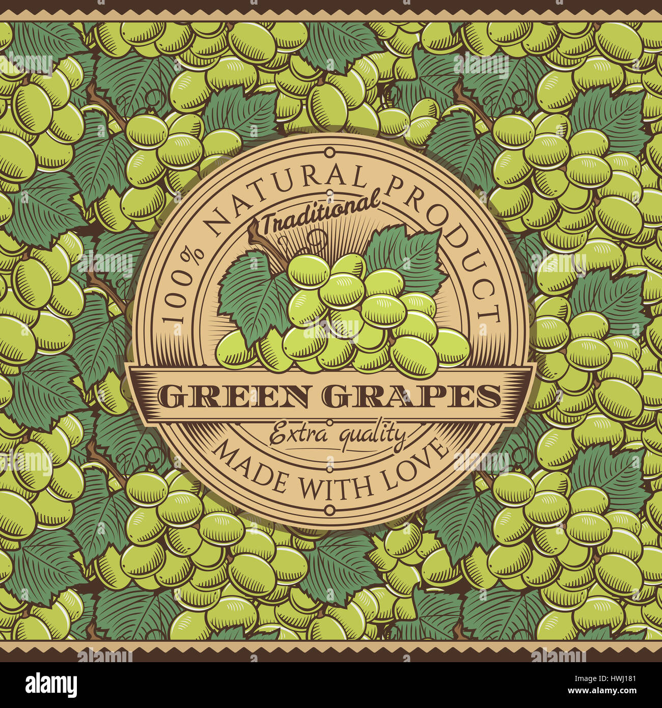 Vintage Green Grapes Label On Seamless Pattern Stock Photo - Alamy