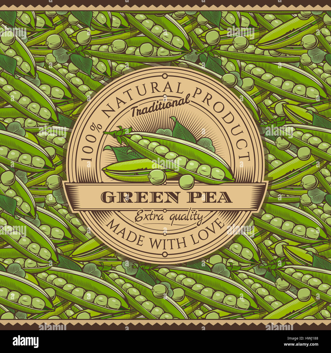 Vintage Green Peas Label On Seamless Pattern Stock Photo - Alamy