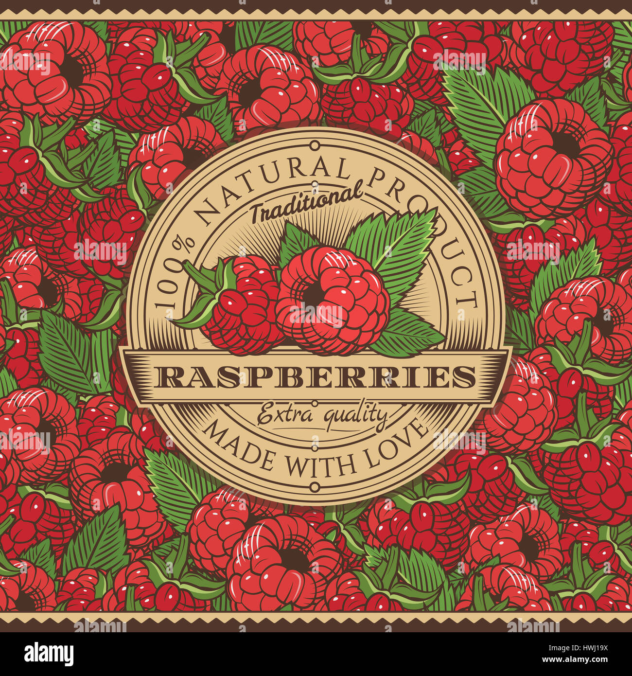 Vintage Raspberries Label On Seamless Pattern Stock Photo - Alamy