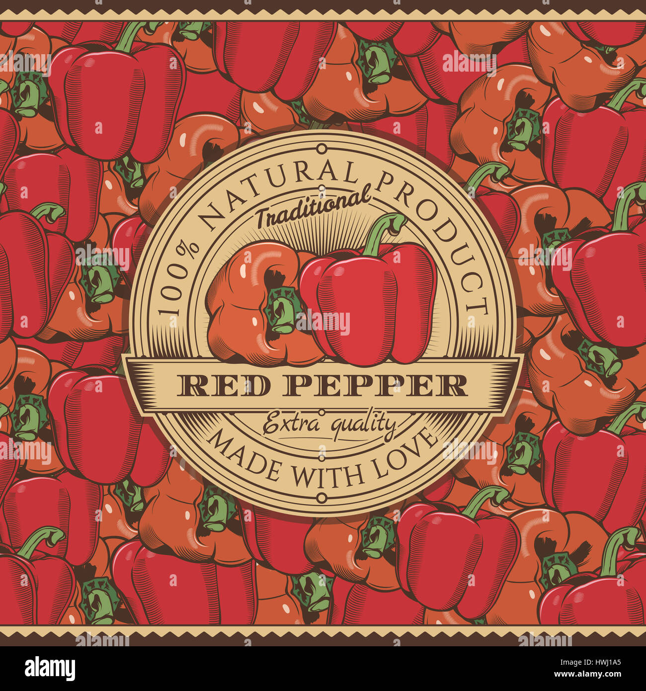 Vintage Red Pepper Label On Seamless Pattern Stock Photo - Alamy