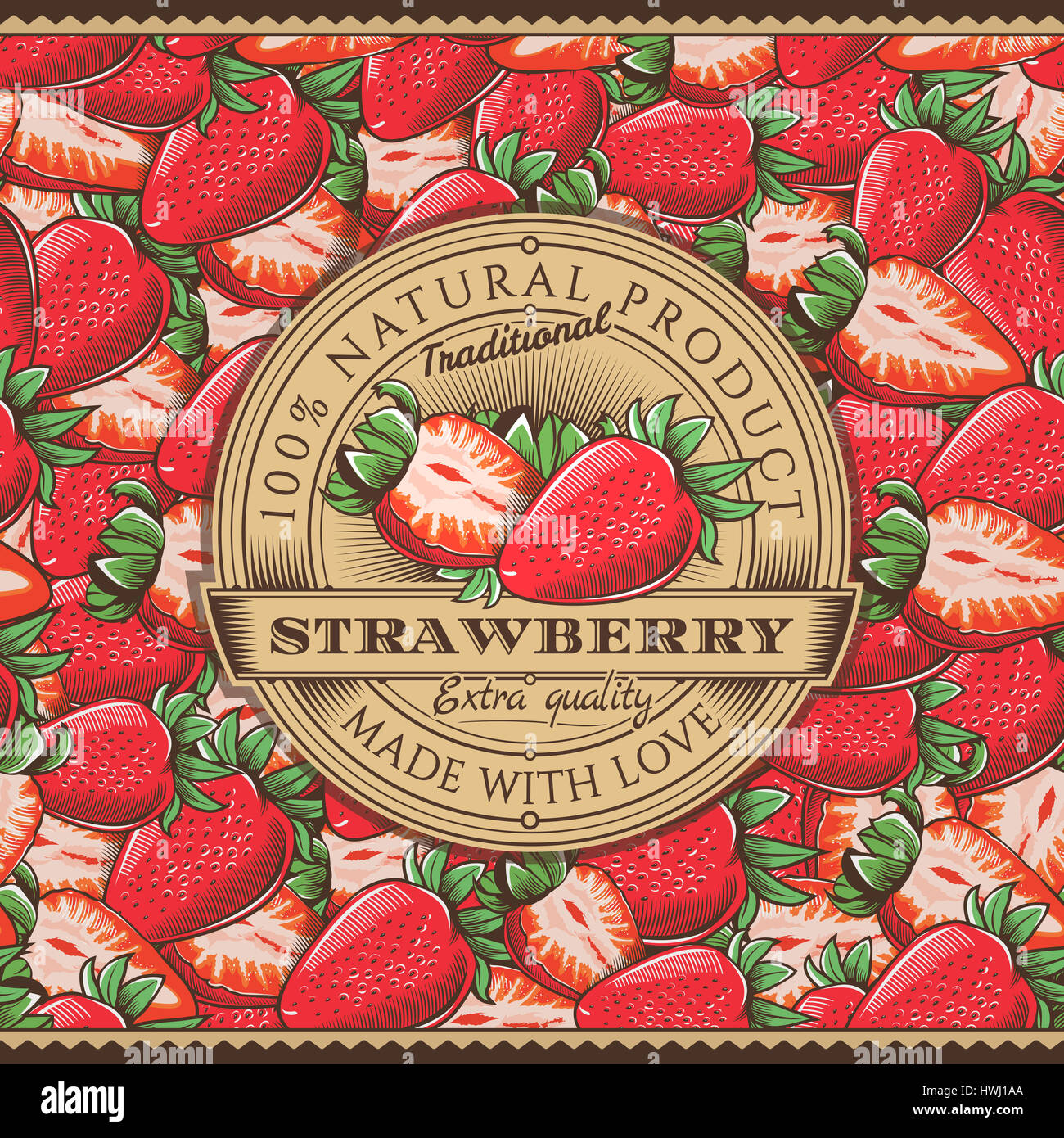 Vintage Strawberry Label On Seamless Pattern Stock Photo - Alamy