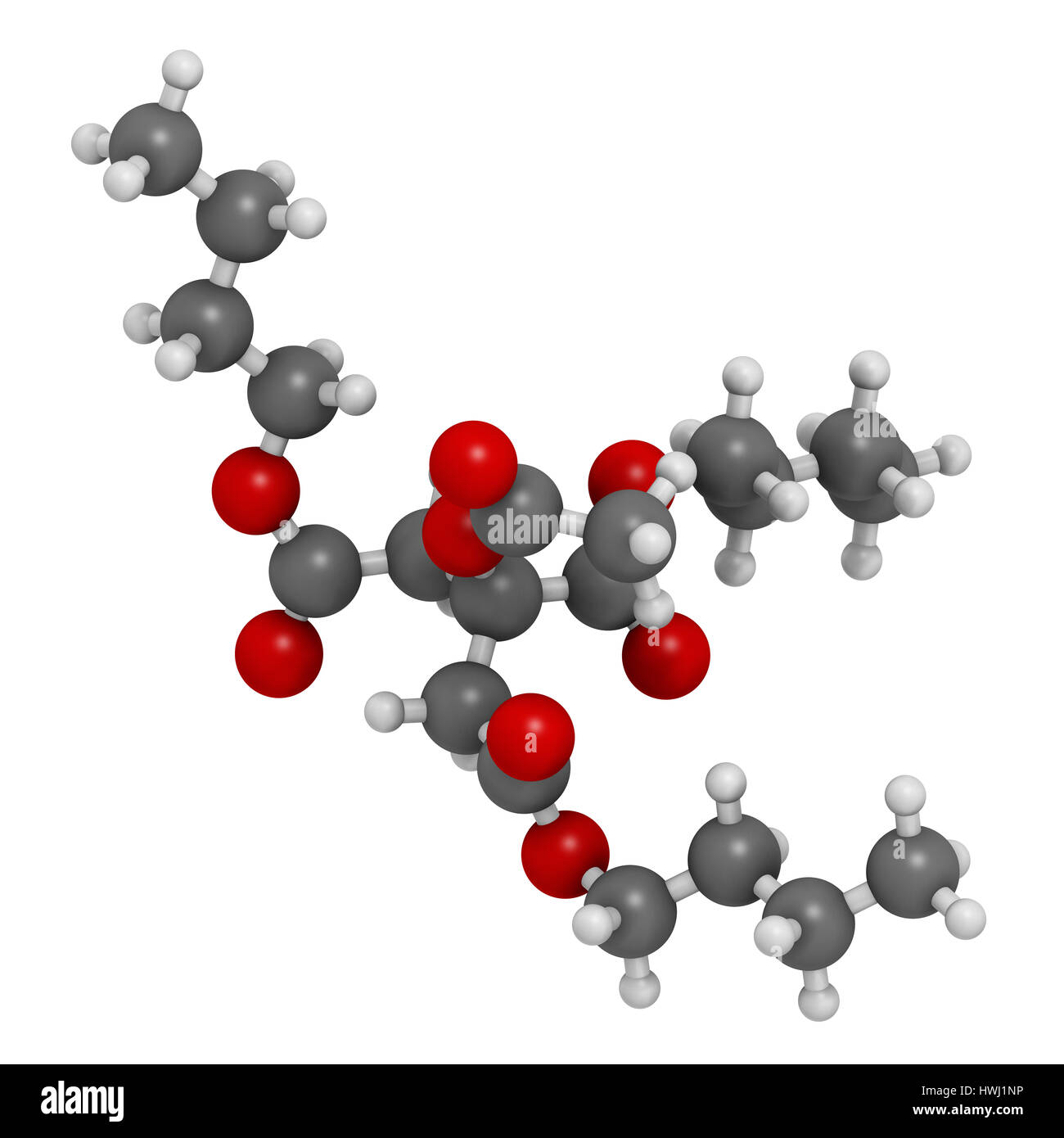 Acetyl tributyl citrate (ATBC) plasticizer molecule. 3D rendering ...