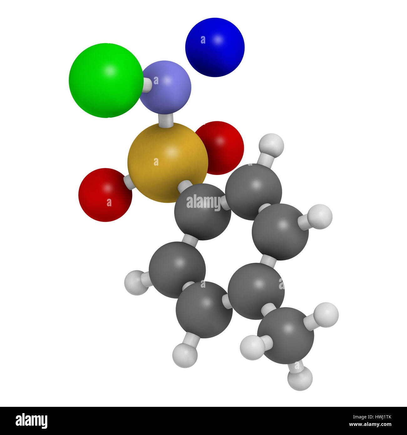 Chloramine-T (tosylchloramide) disinfectant molecule. 3D rendering ...