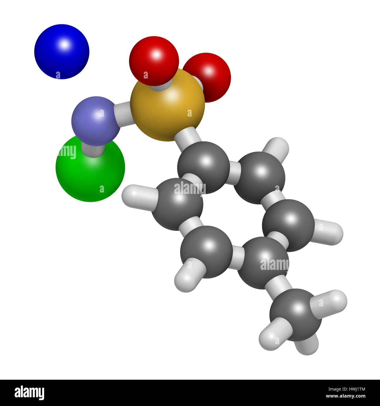 Chloramine-T (tosylchloramide) disinfectant molecule. 3D rendering ...