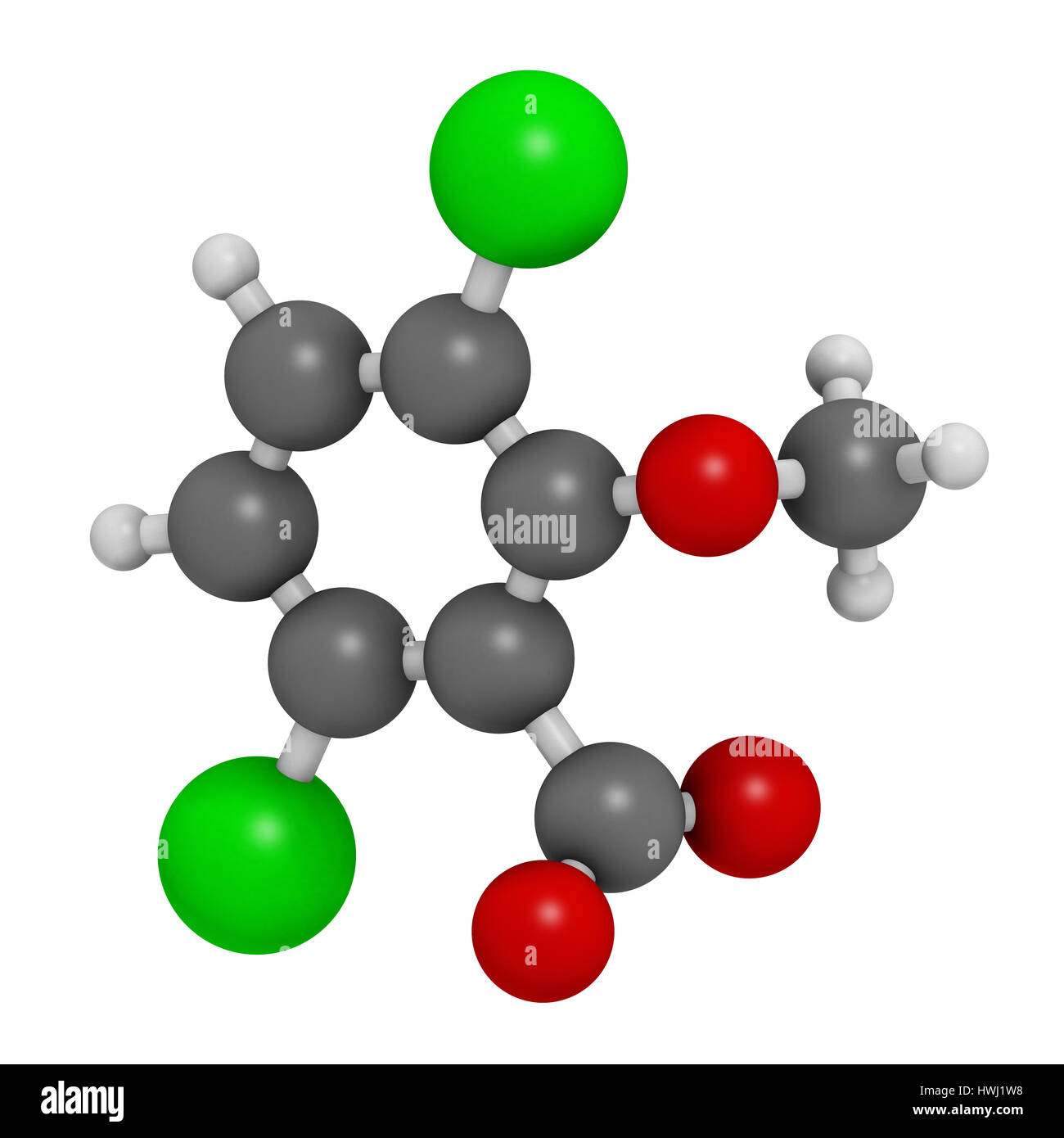 Dicamba herbicide molecule. 3D rendering. Used in weed control. Atoms ...