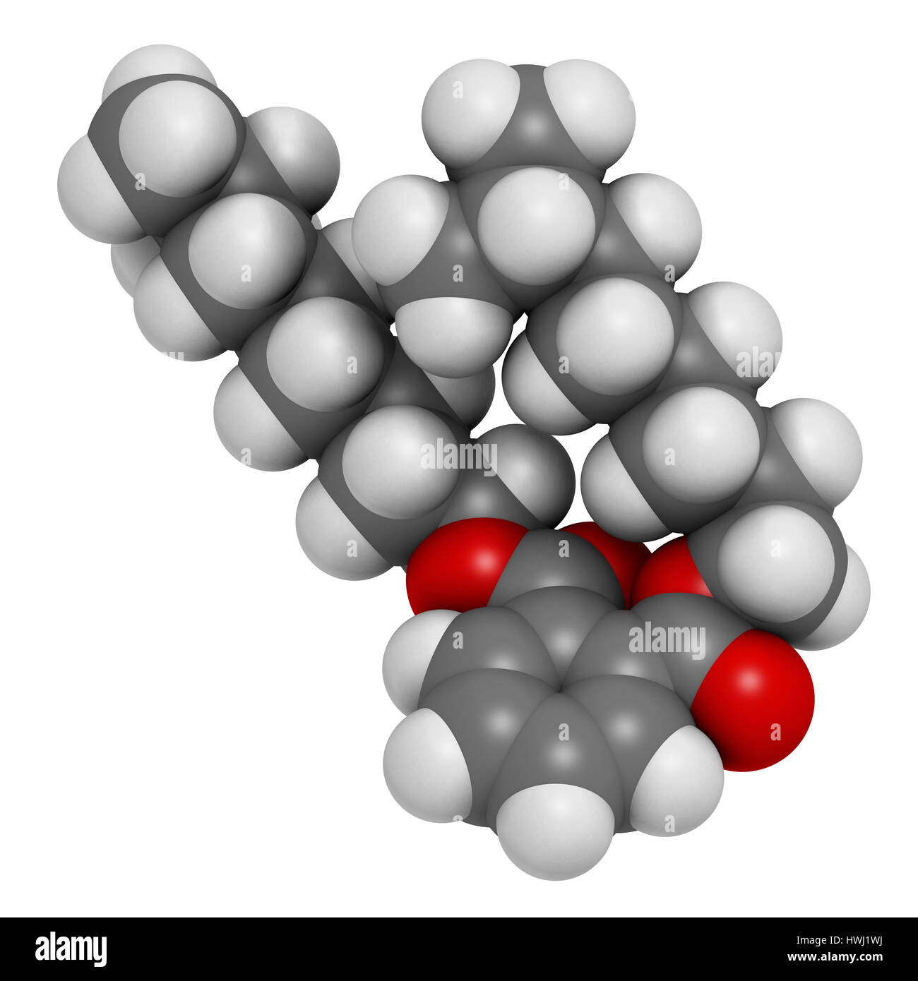 Diisononyl phthalate (DINP) plasticizer molecule. 3D rendering. Atoms ...