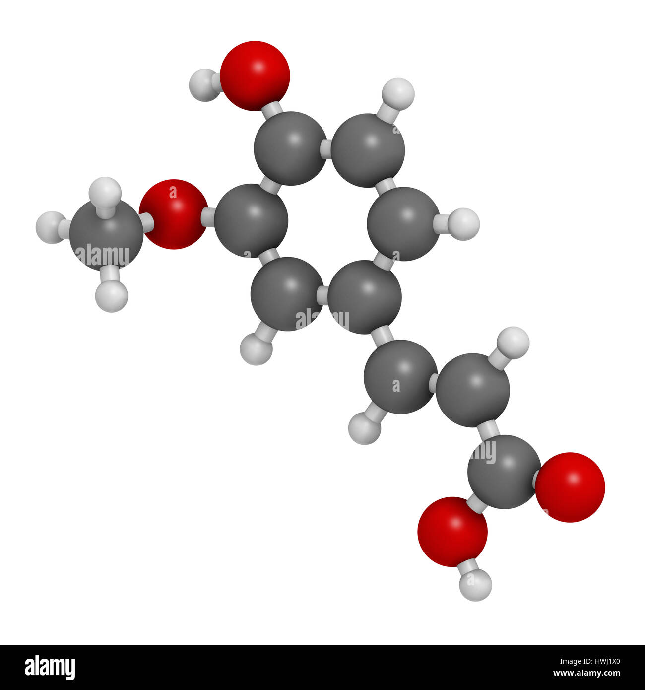 Ferulic acid herbal antioxidant molecule. 3D rendering. Atoms are ...