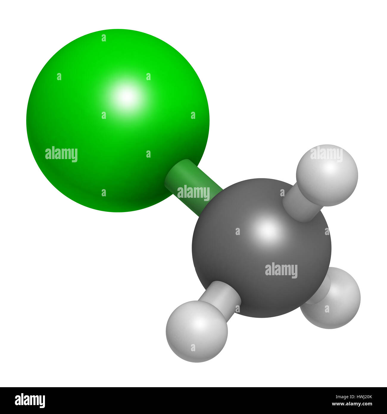 Chloromethane (methyl chloride) molecule. 3D rendering. Atoms are ...