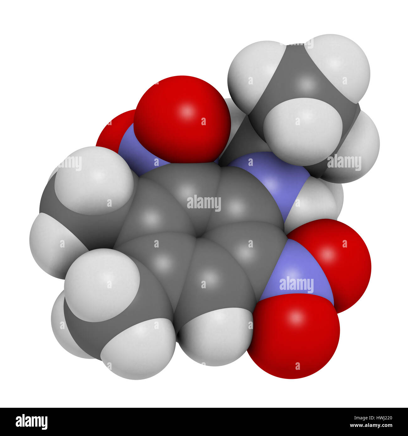 Pendimethalin herbicide molecule. 3D rendering. Atoms are represented ...