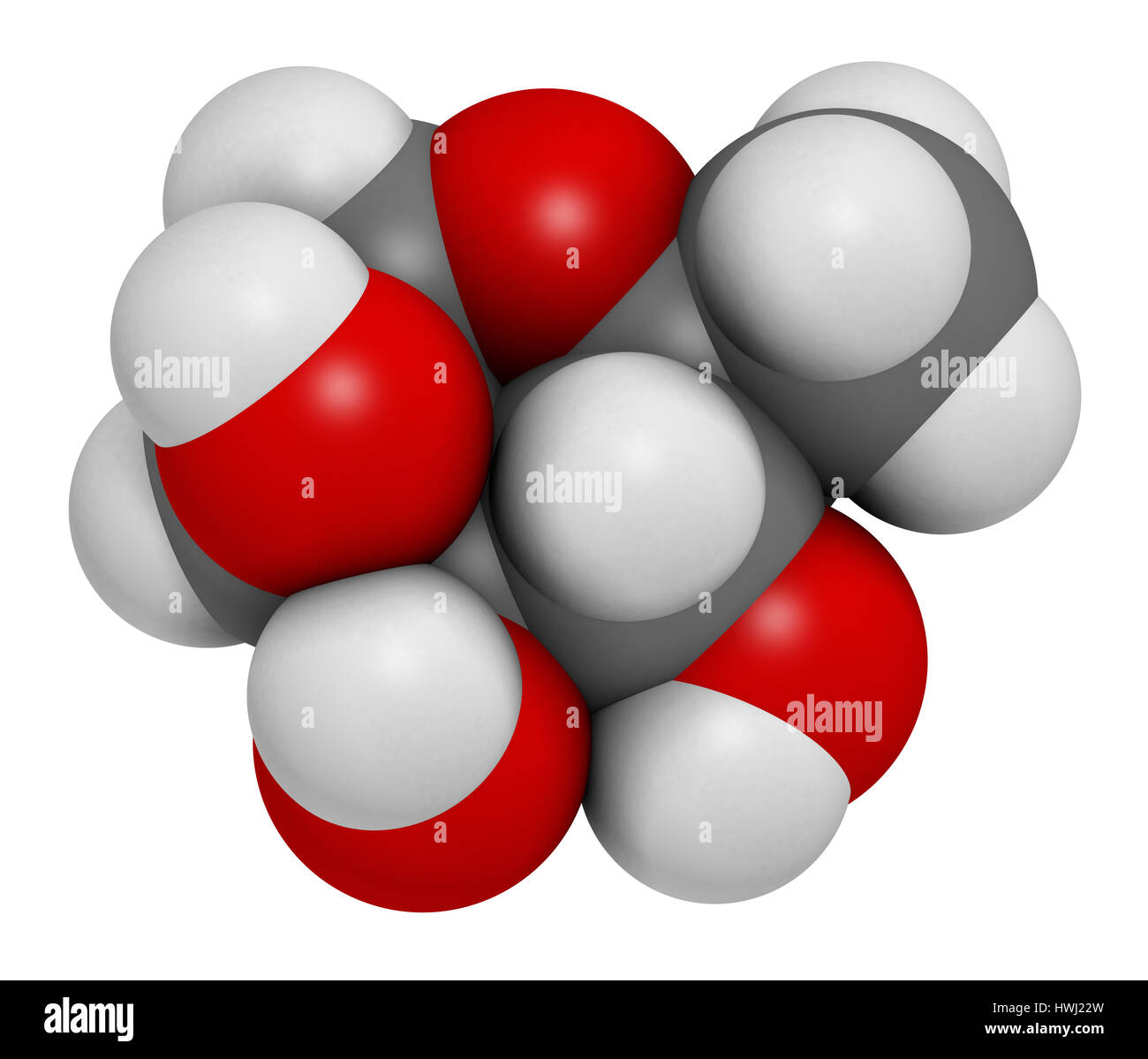 Rhamnose (L-rhamnose) deoxy sugar molecule. 3D rendering. Used in ...