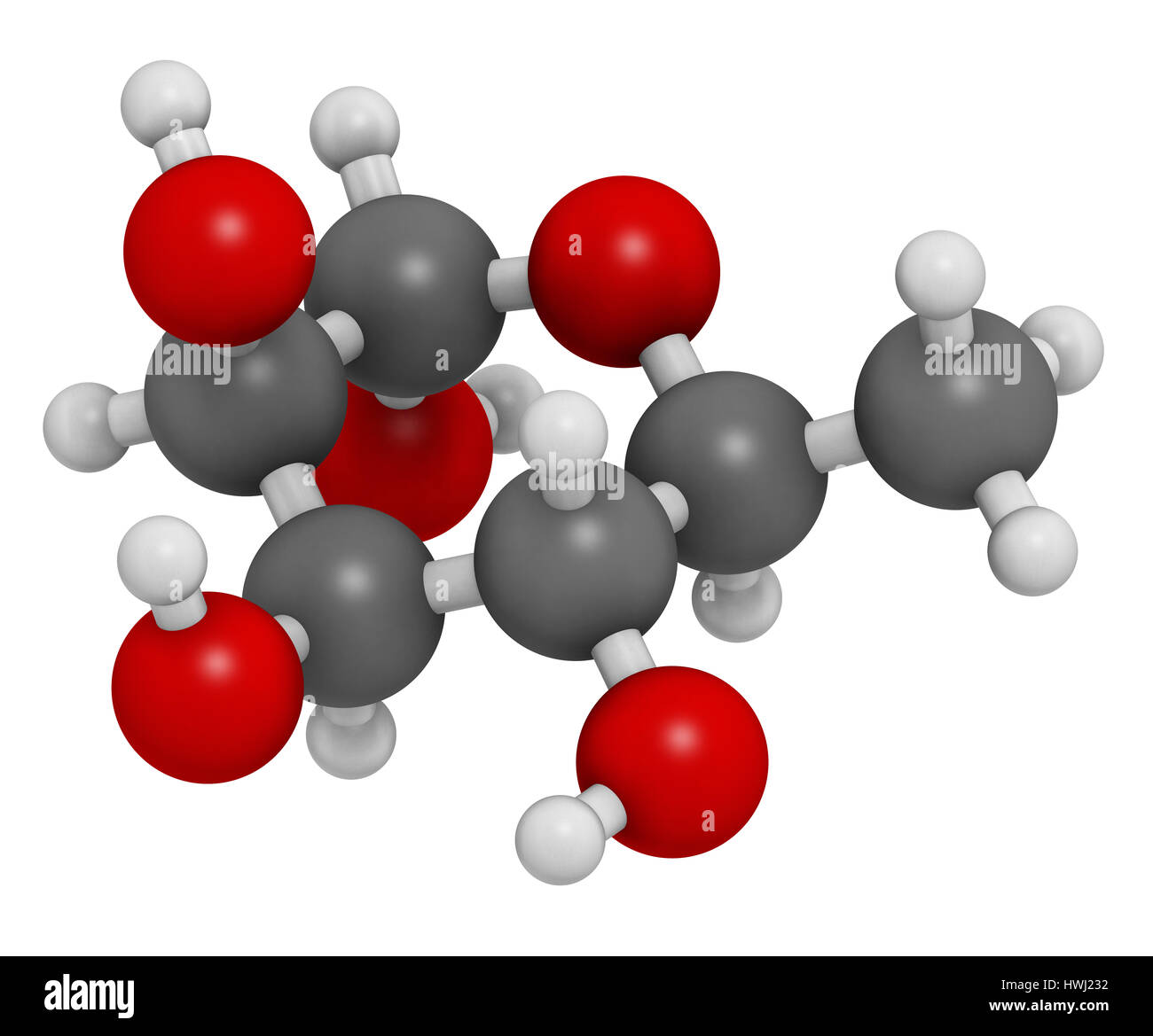 Rhamnose (L-rhamnose) deoxy sugar molecule. 3D rendering. Used in ...