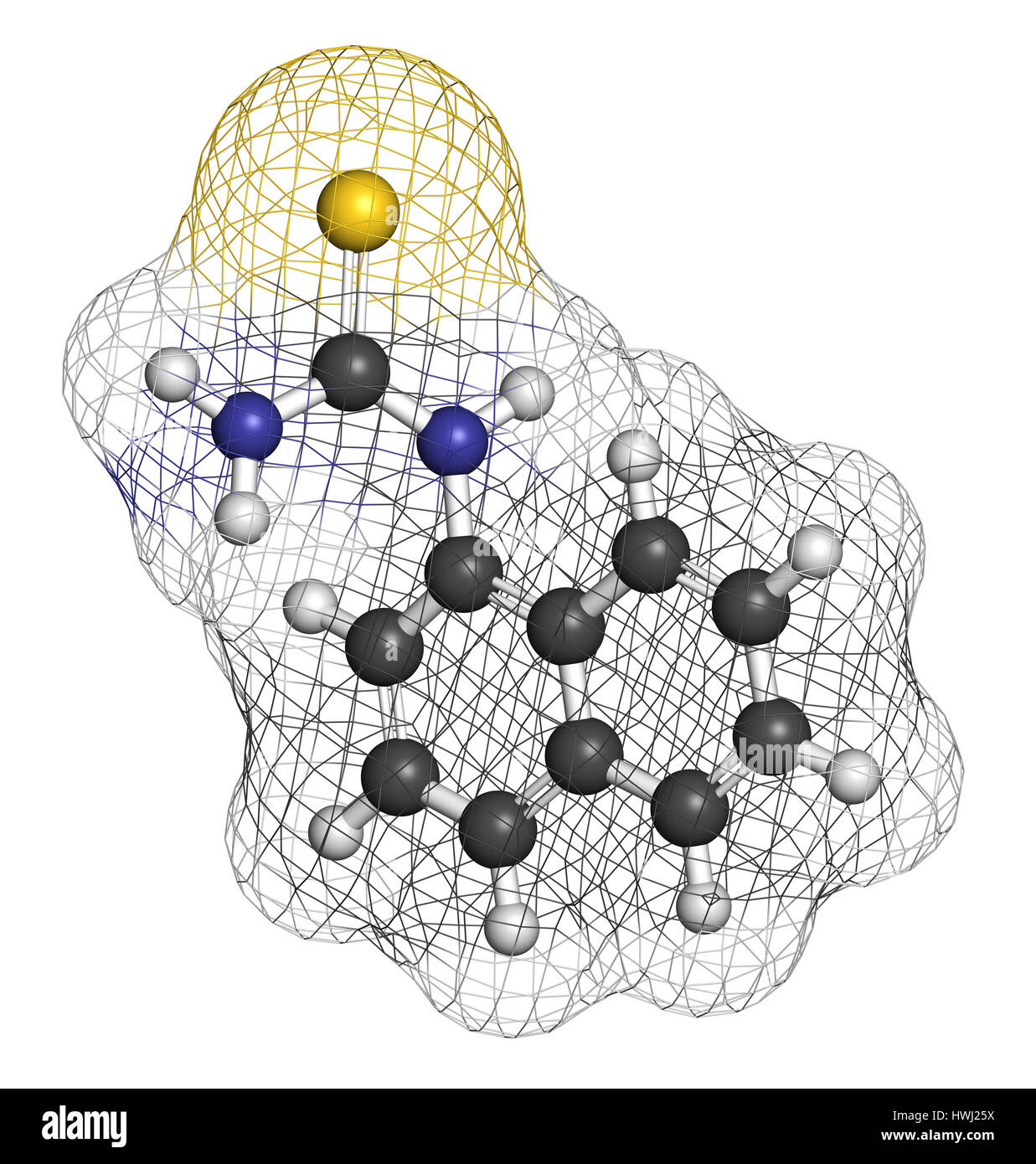 Alpha-naphthylthiourea (ANTU) rodenticide molecule. 3D rendering. Atoms ...