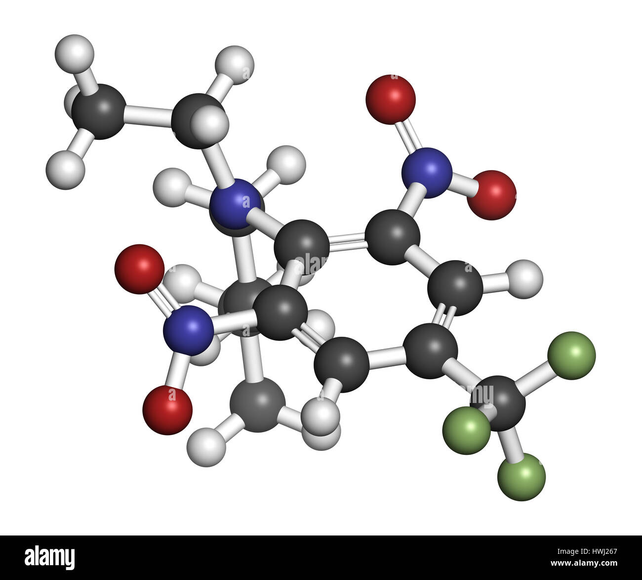 Benfluralin herbicide molecule. 3D rendering. Atoms are represented as ...