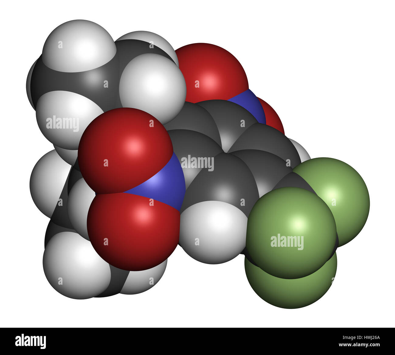 Benfluralin herbicide molecule. 3D rendering. Atoms are represented as spheres with conventional ...