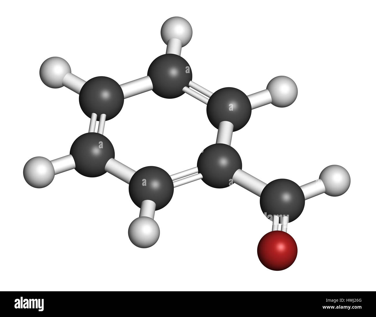 Benzaldehyde bitter almond odor molecule. 3D rendering. Atoms are ...