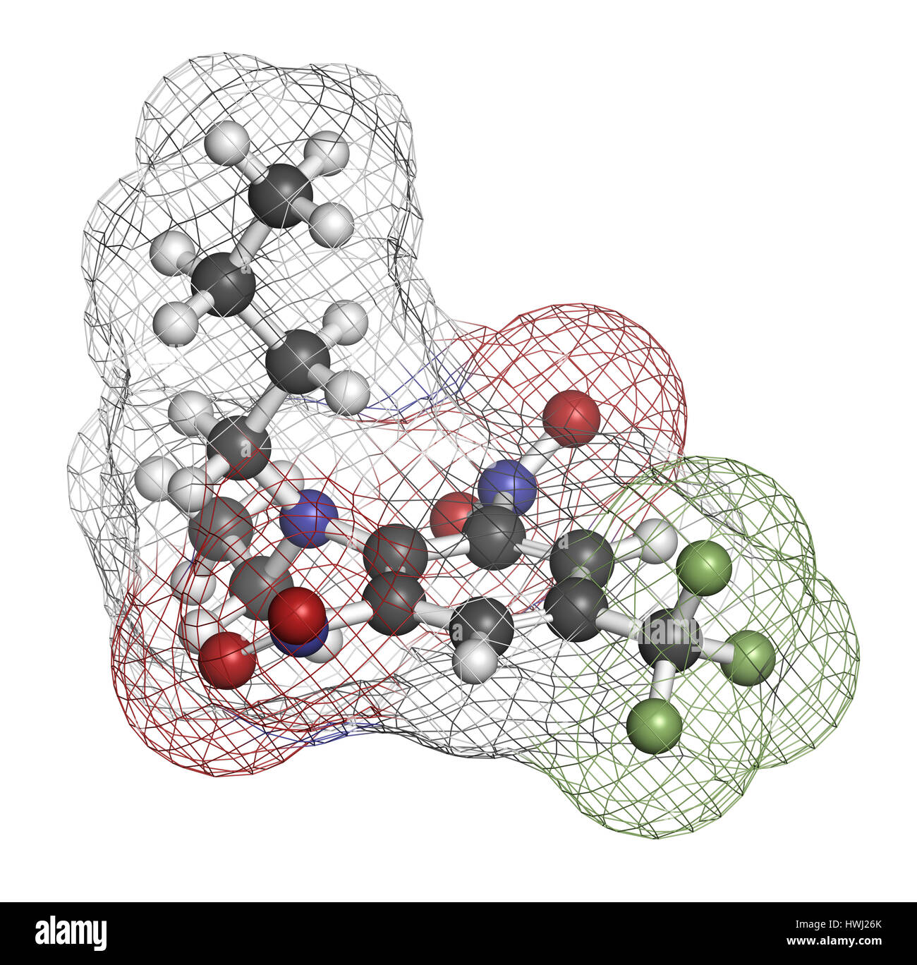 Benfluralin herbicide molecule. 3D rendering. Atoms are represented as ...
