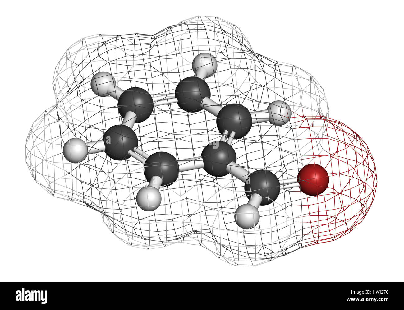 Benzaldehyde bitter almond odor molecule. 3D rendering. Atoms are ...