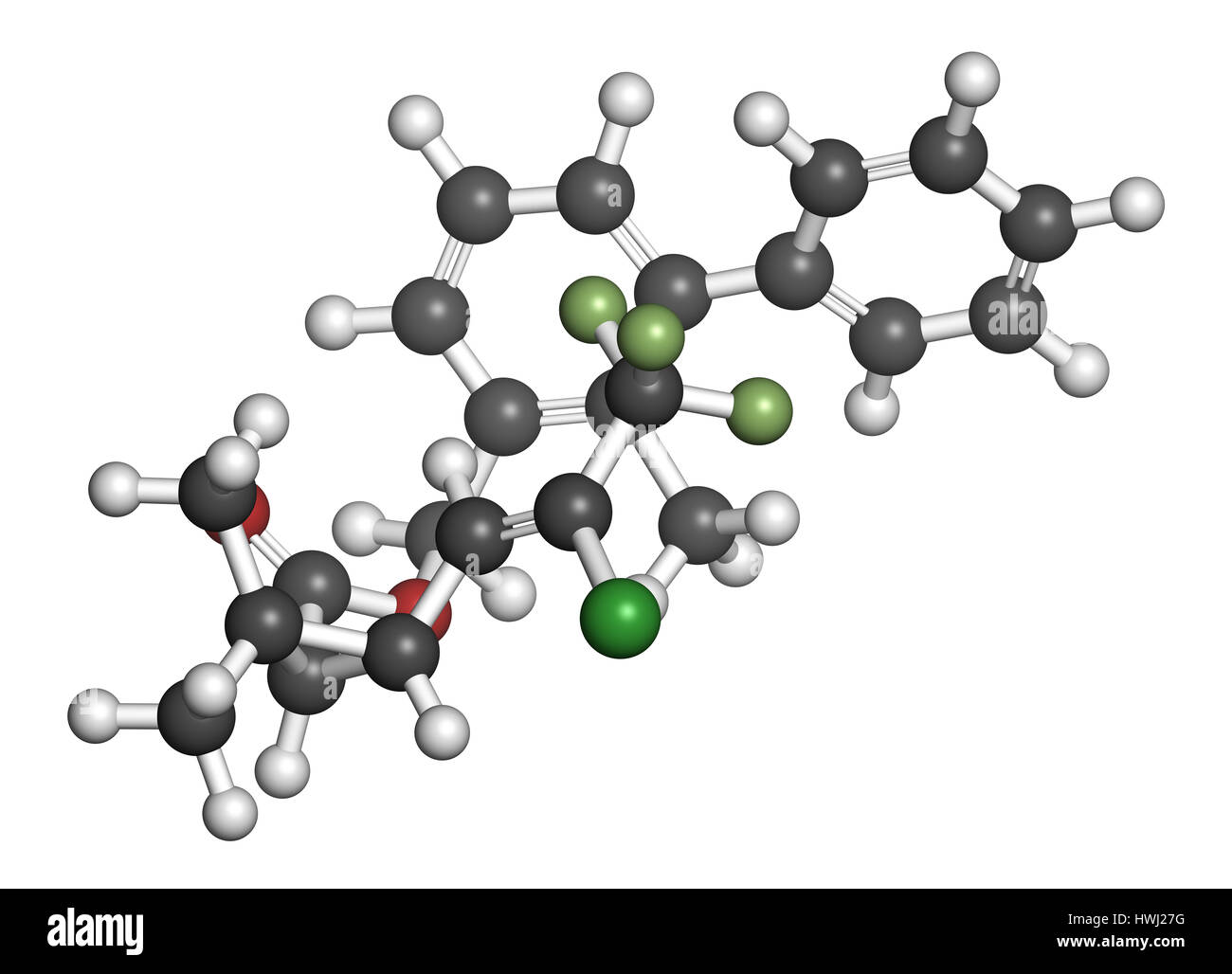Bifenthrin insecticide molecule (pyrethroid class). 3D rendering. Atoms ...