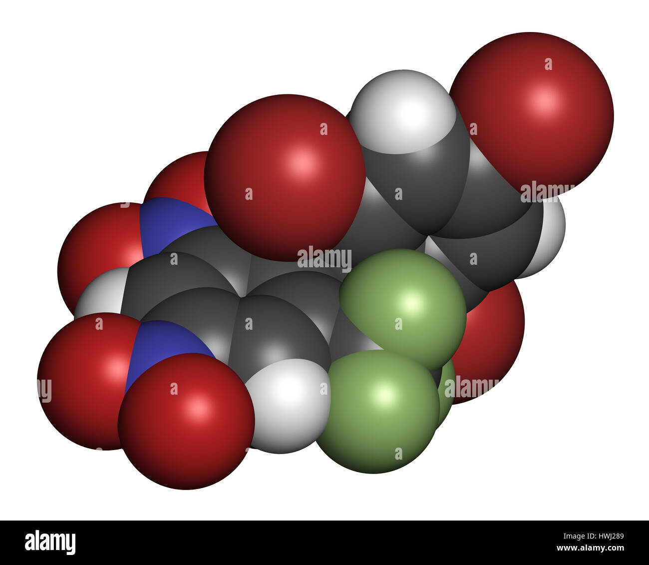 Bromethalin rodenticide molecule (rat poison). 3D rendering. Atoms are ...