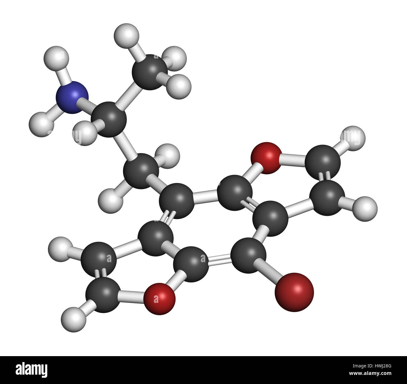 Bromo-dragonFLY hallucinogenic drug molecule. 3D rendering. Atoms are ...